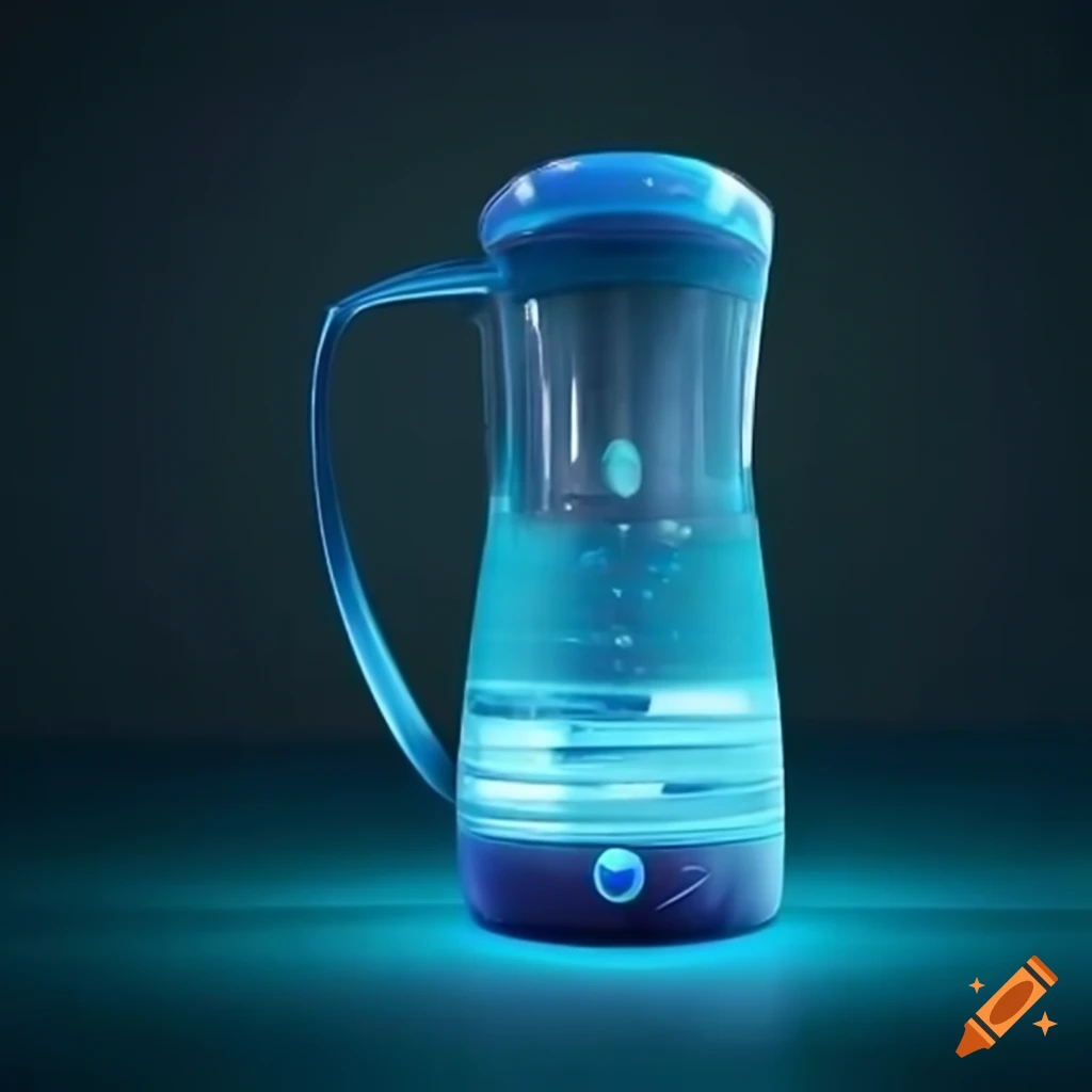 Futuristic AI-powered water filtration pitcher with glowing buttons on ...