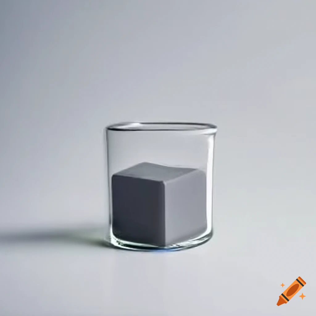 Grey-white cube in a beaker filled with chemicals on Craiyon