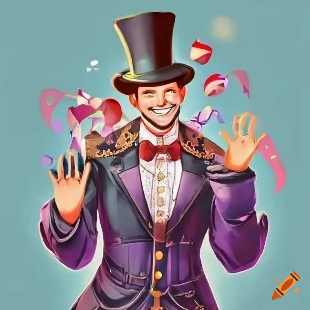 Charming and fancy merchant welcoming patrons into a grand magic shop ...