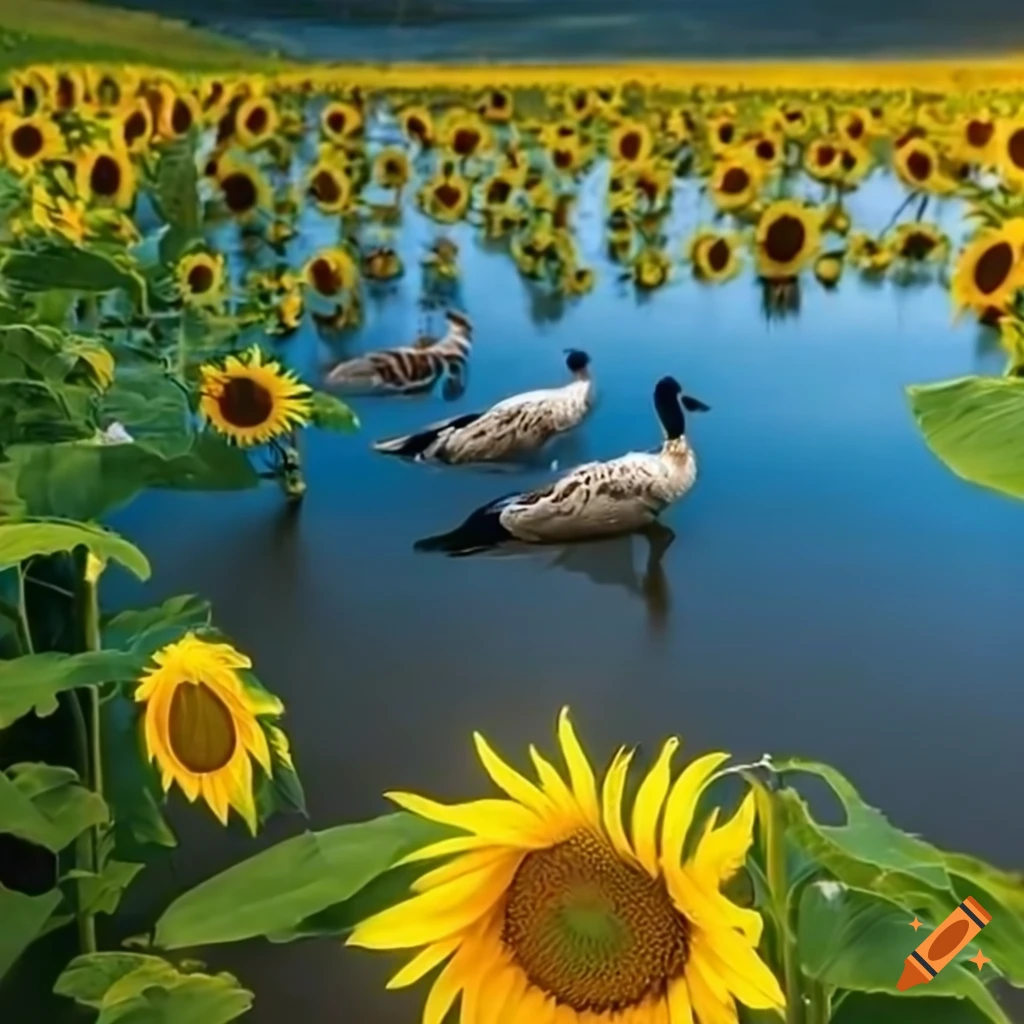 Sunflower field with ducks in nature scenery on Craiyon