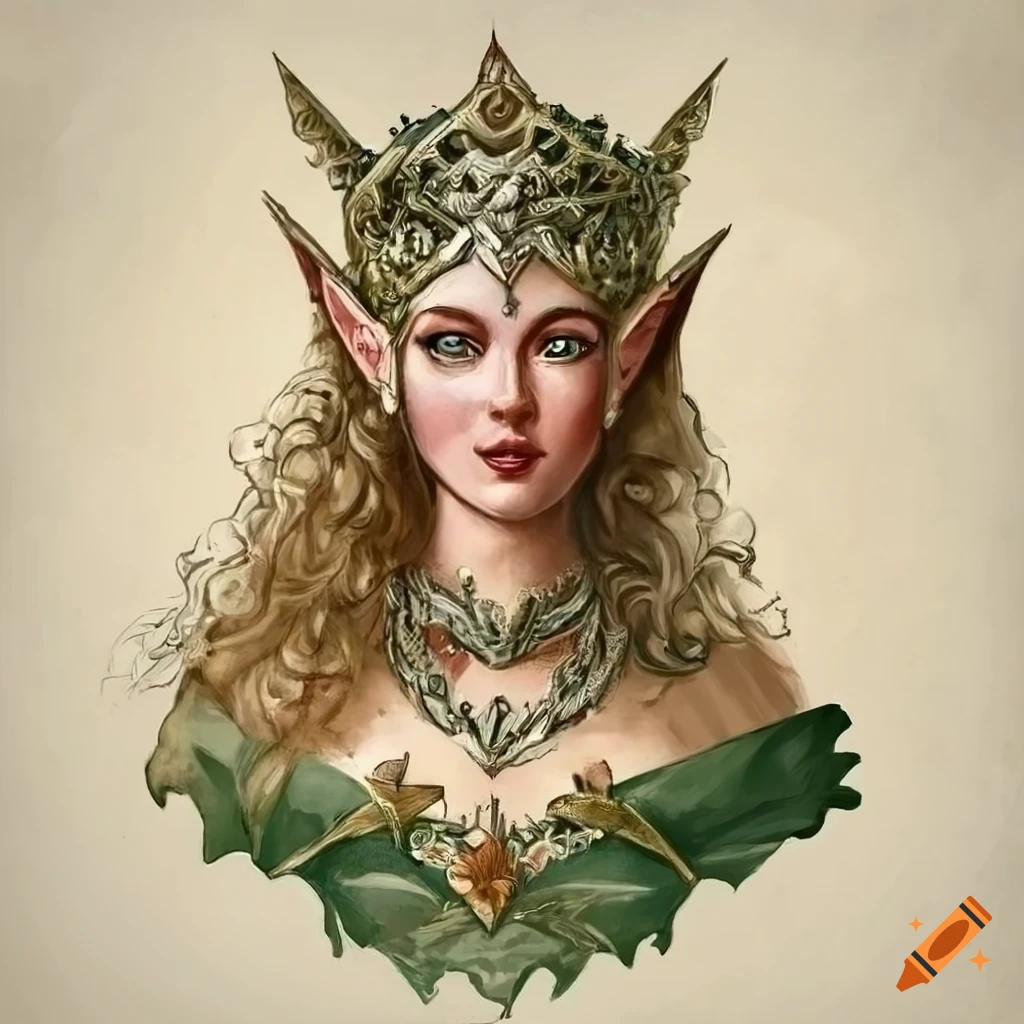 Highly detailed vintage fantasy illustration of an elf queen on Craiyon