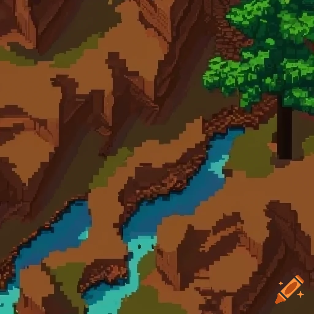 2D pixel art of a path near canyon river on a sunny day on Craiyon
