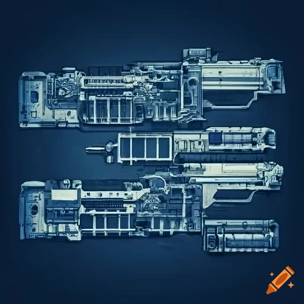 Detailed blueprint of a sci-fi weapons system on Craiyon