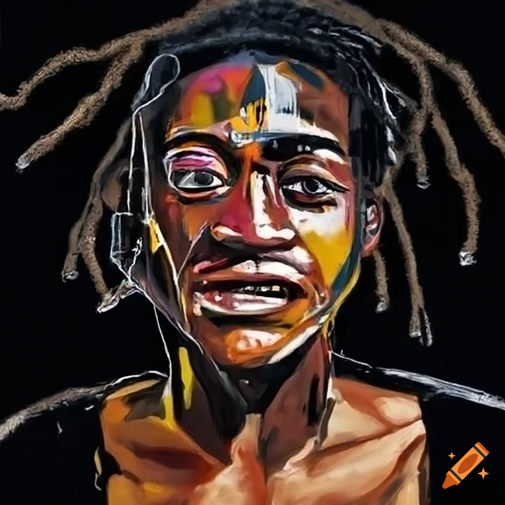 Colorful painting in basquiat style of man with locs and open mouth on ...