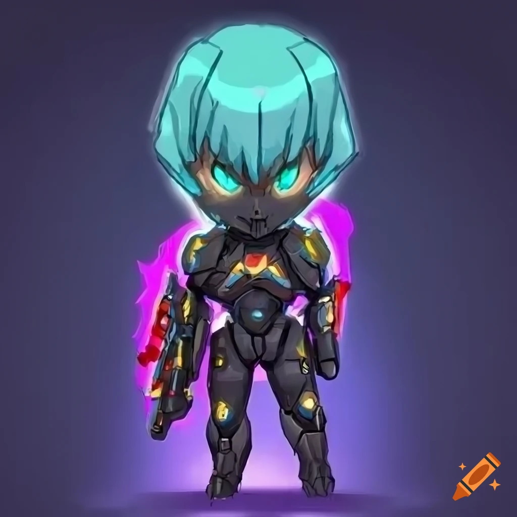 Chibi sci-fi anime style armored hero with neo-plasma weapons on Craiyon