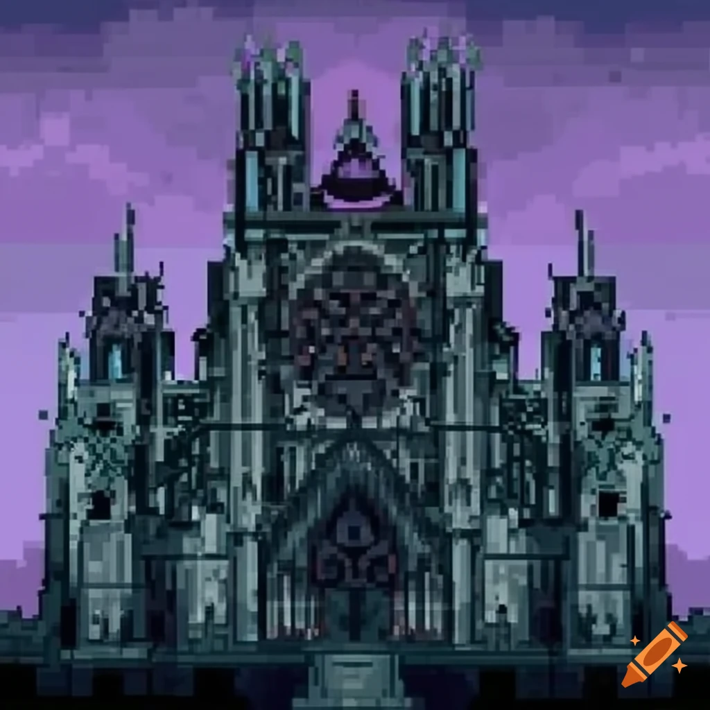Detailed pixel art banner of a gothic cathedral in dark colors on Craiyon