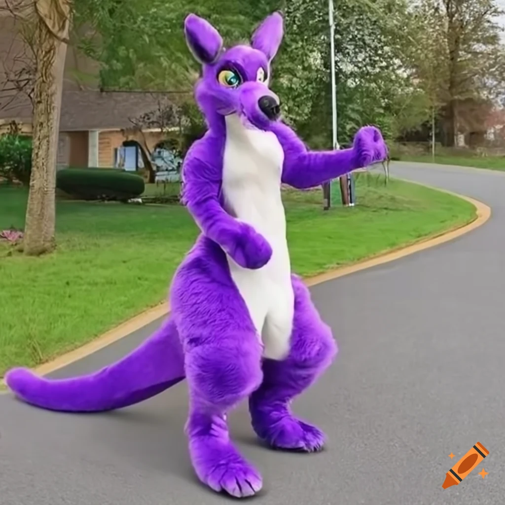 Woman wearing a full body purple kangaroo mascot costume fursuit on Craiyon