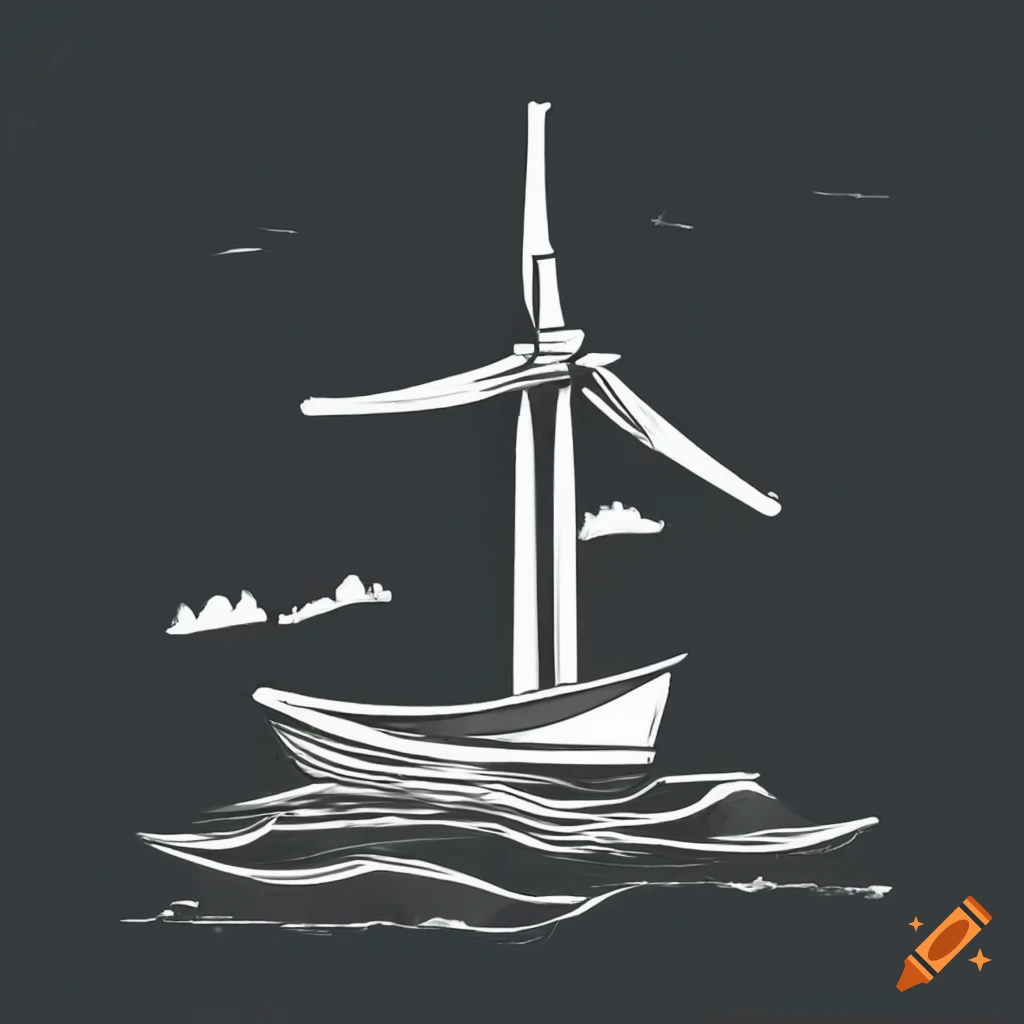 Wind turbines in the sea with a boat on Craiyon