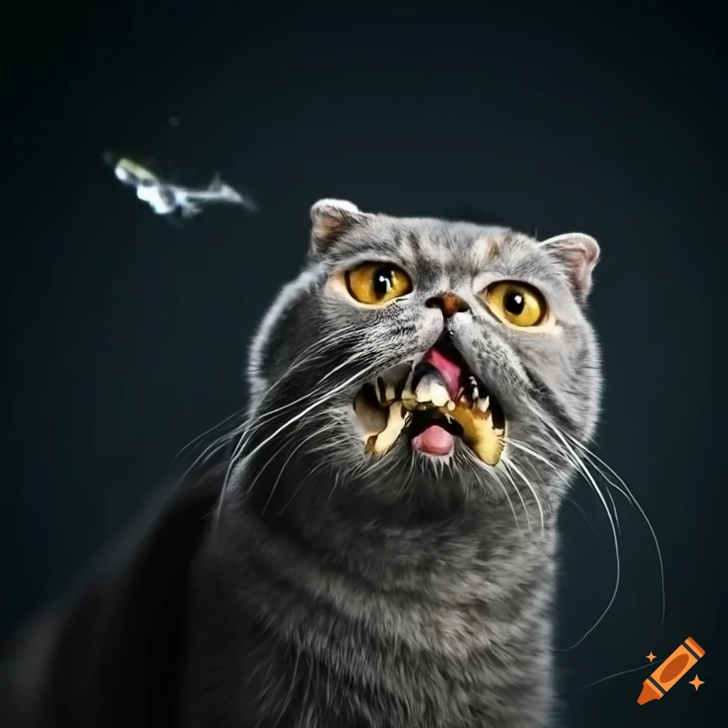 Scottish fold cat with a squint holding a fish in its teeth on Craiyon