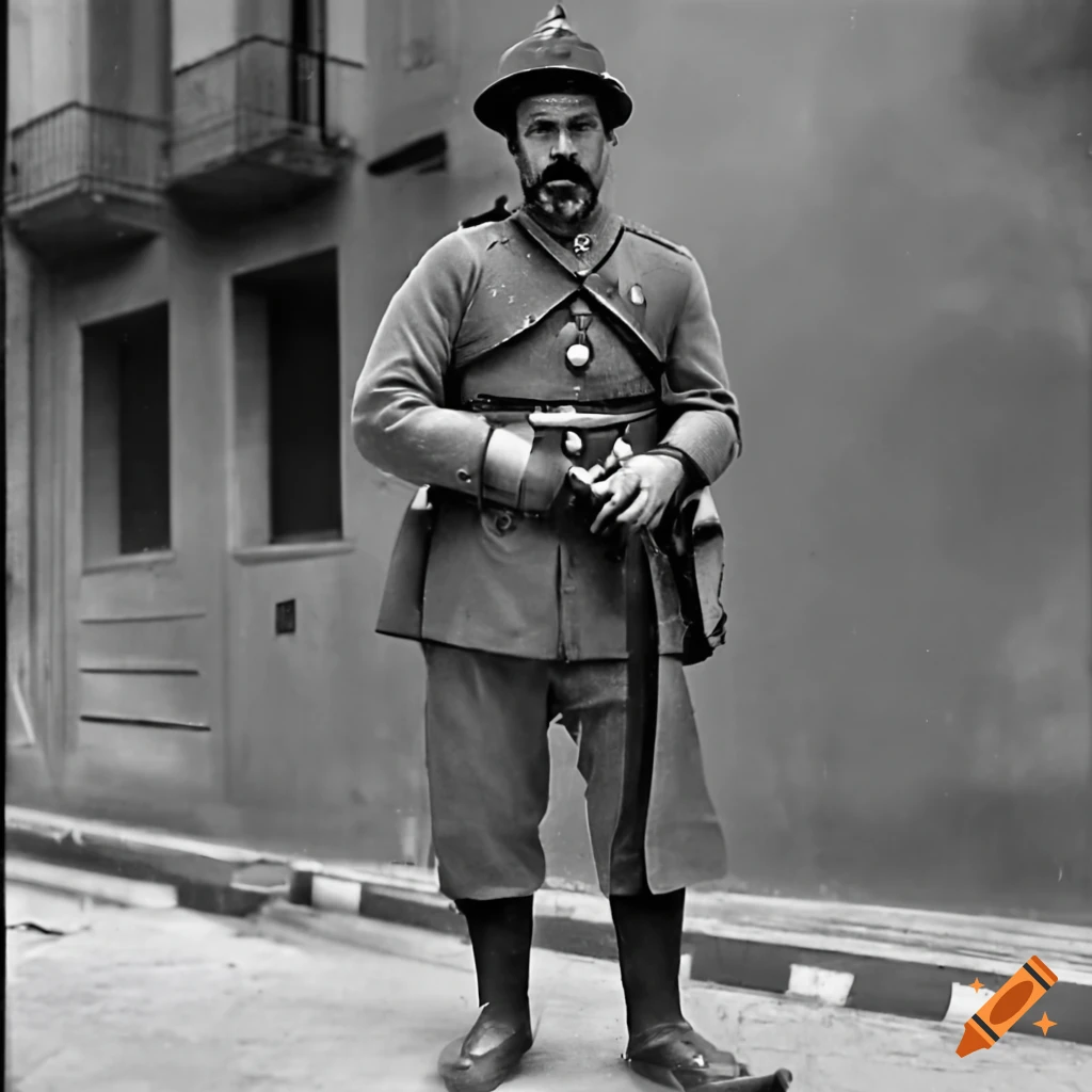 Spanish civil war soldier in iconic outfit standing on barcelona street ...