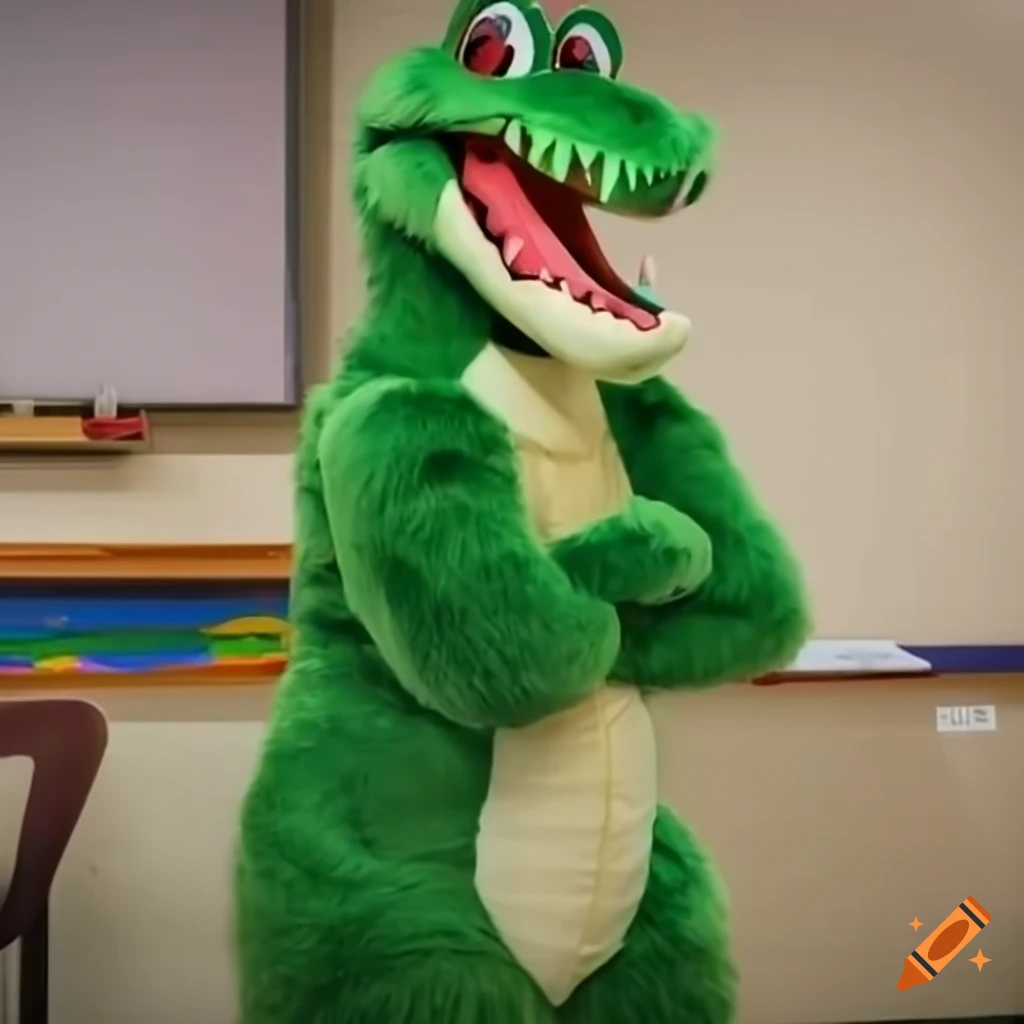 Close up of a tall female teacher in a cartoony alligator mascot ...