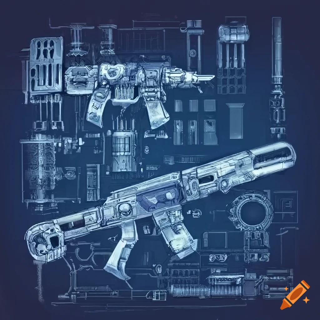 Detailed engineering drawing of sci-fi weapons and components on Craiyon