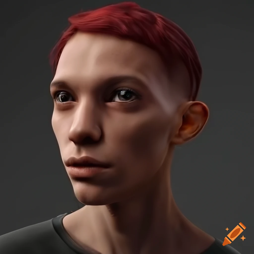 Brown-skinned humanoid alien man with maroon hair and pointed ears ...