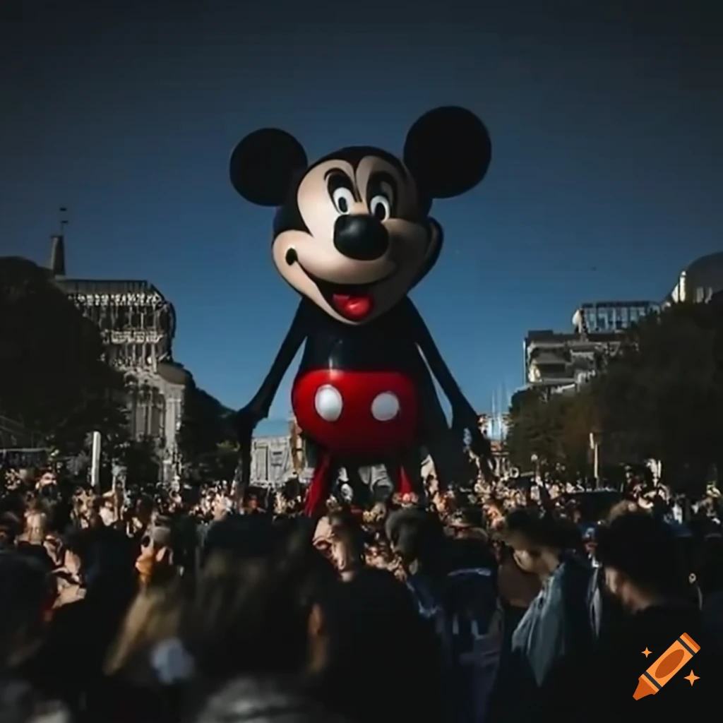Giant Mickey Mouse in a city with a crowd of people in a scary setting on Craiyon