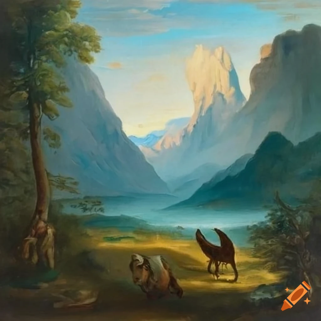 Montane landscape in the style of alexander von humboldt with abundant ...