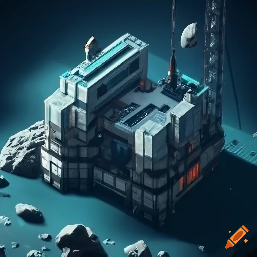 Sci-fi asteroid ore drilling and extraction facility in photorealistic ...
