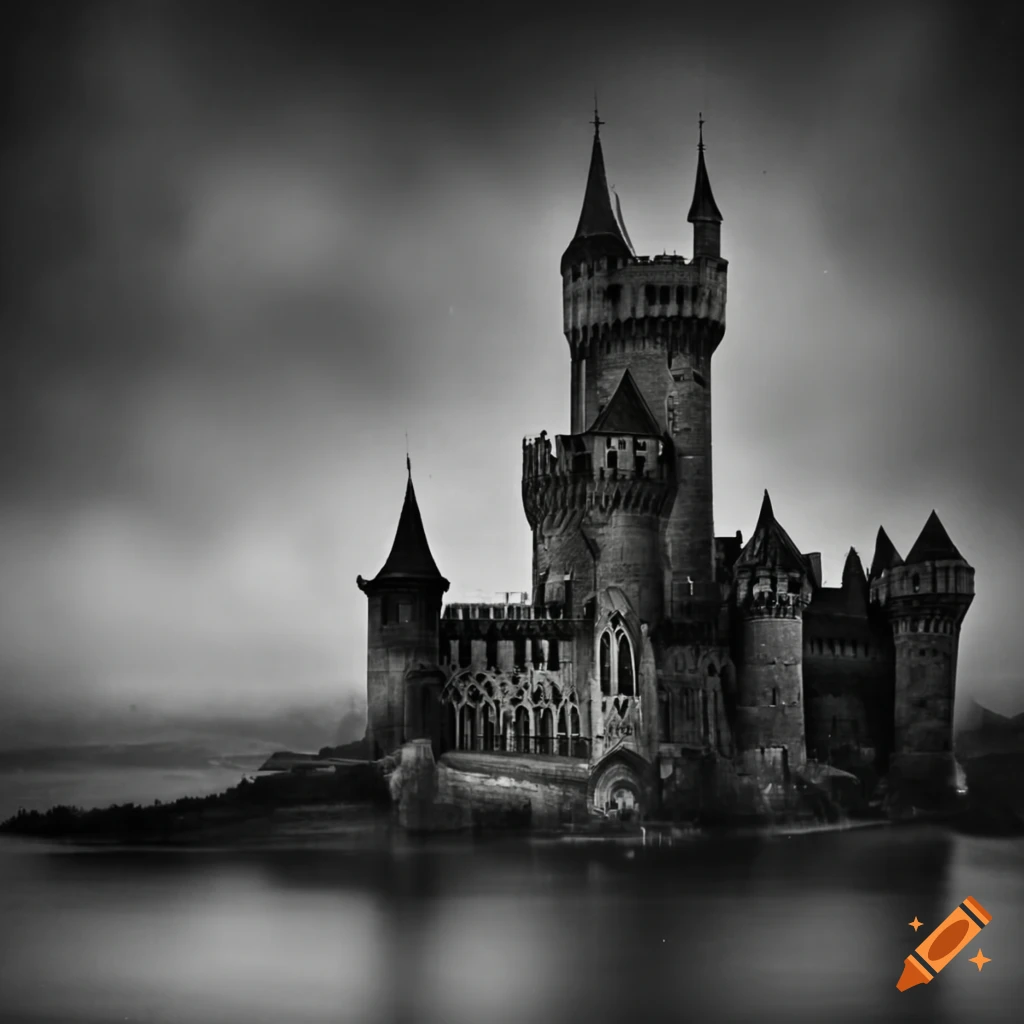 Black and white photo of a sinking gothic castle on Craiyon