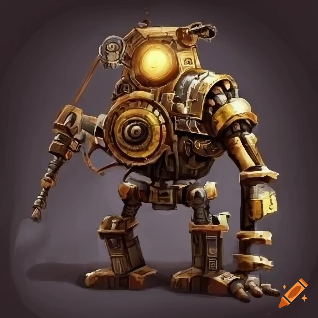 Steampunk fantasy art of a constructed robot in a dnd setting on Craiyon