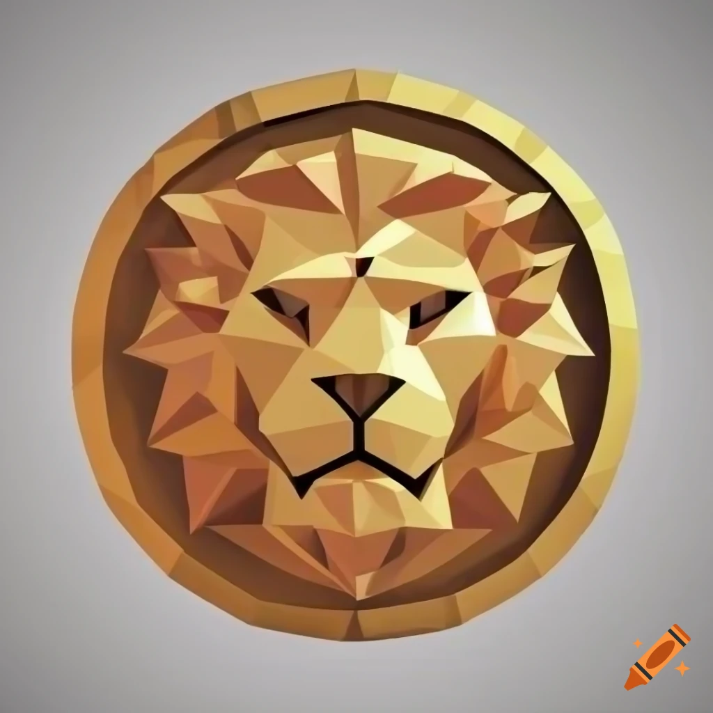 Low poly lion head symbol inside a round coin in digital logo style on ...