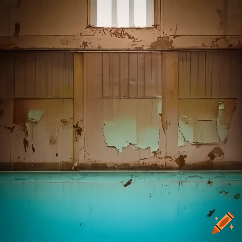 Abandoned murky swimming pool with peeling paint and industrial windows ...