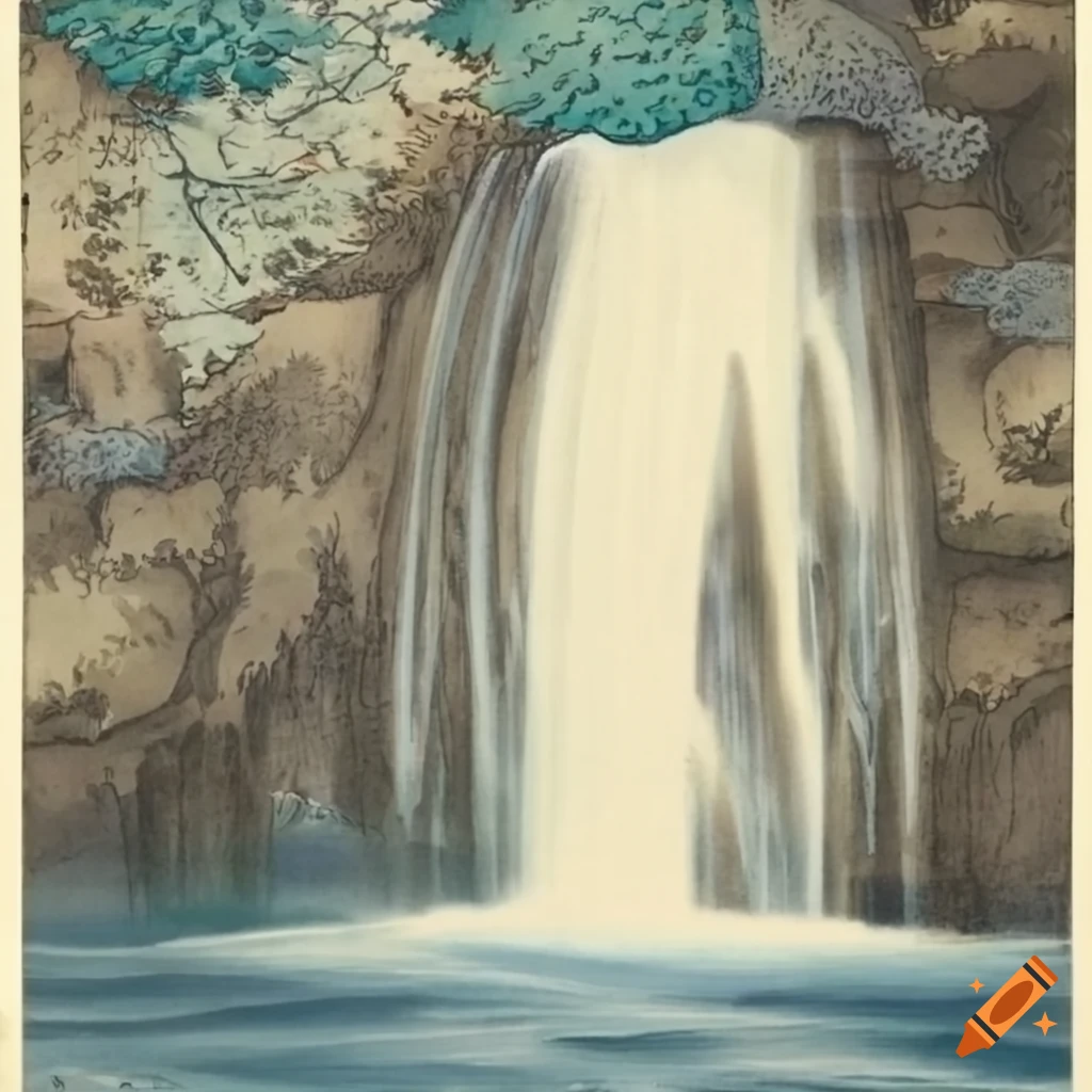 Japanese print of a landscape with a waterfall on Craiyon