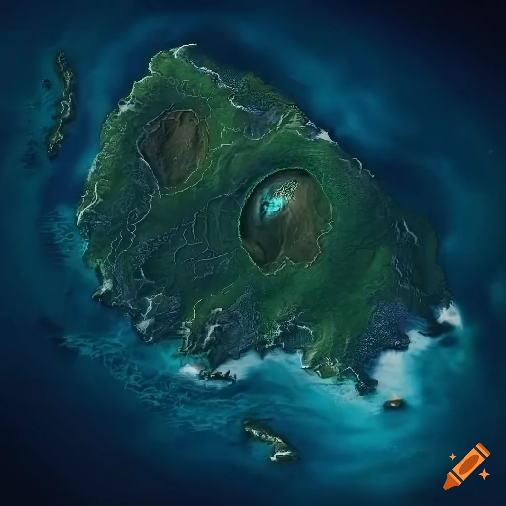 Top down map with giant mountain surrounded by a large sea on Craiyon