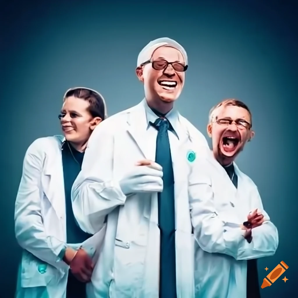 Group of scientists in lab coats standing in front of a man and ...