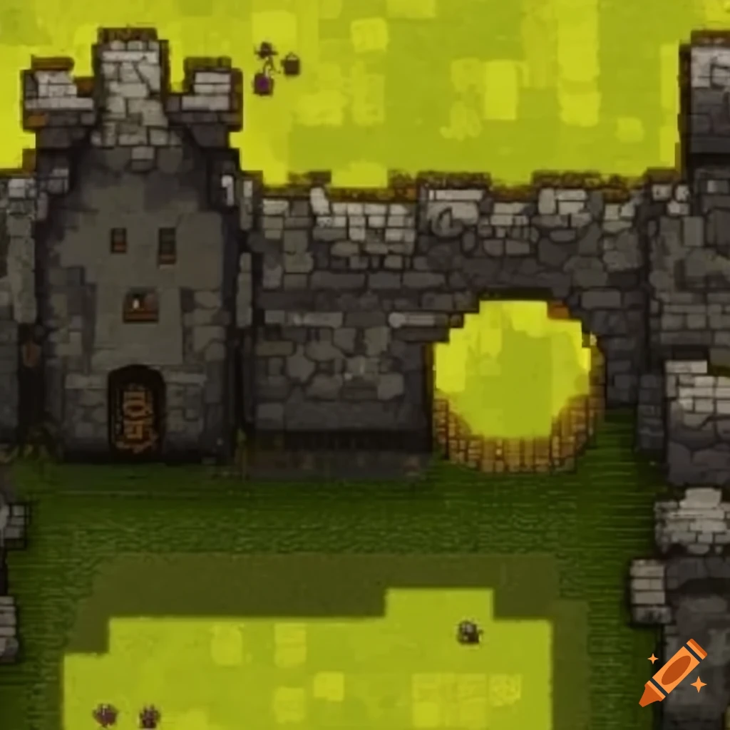 2D pixel art of castle ruins on a sunny day in top-down view on Craiyon