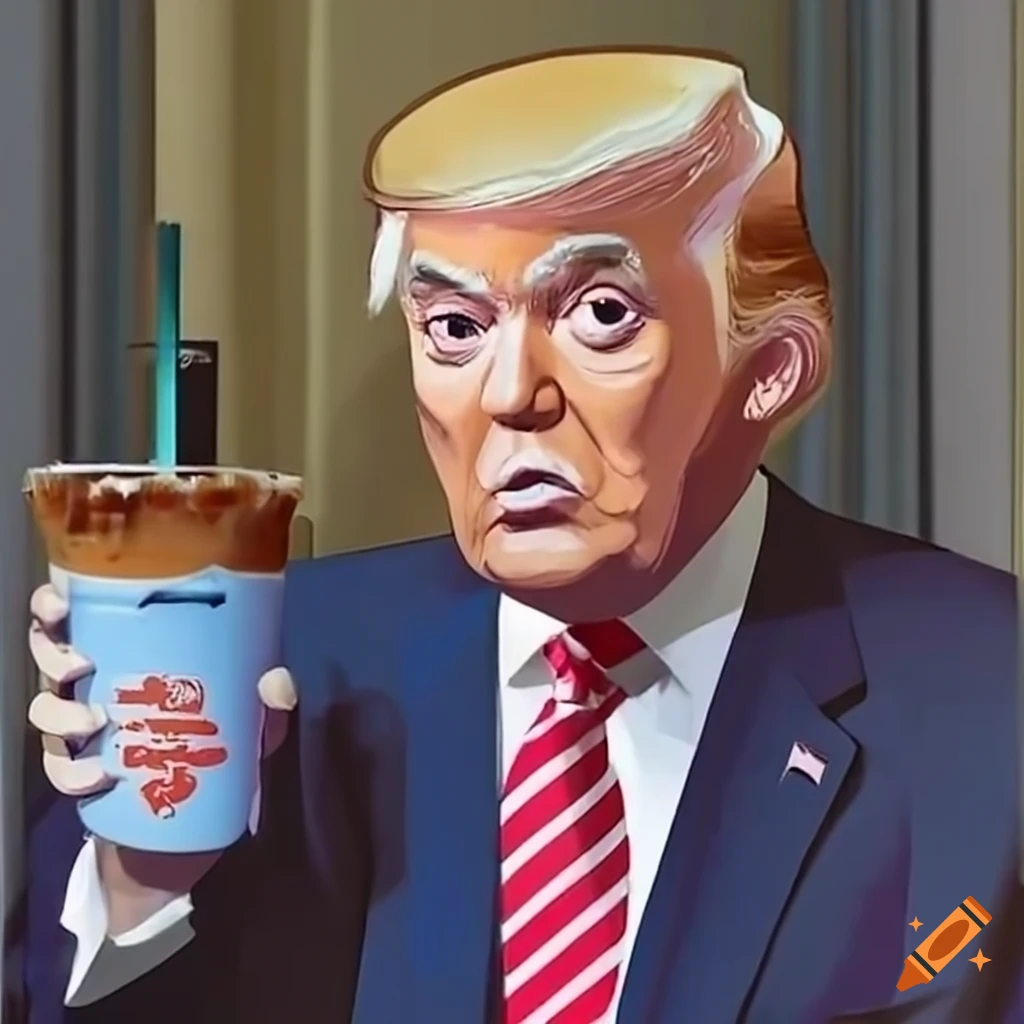 Caricature of donald trump enjoying boba tea on Craiyon