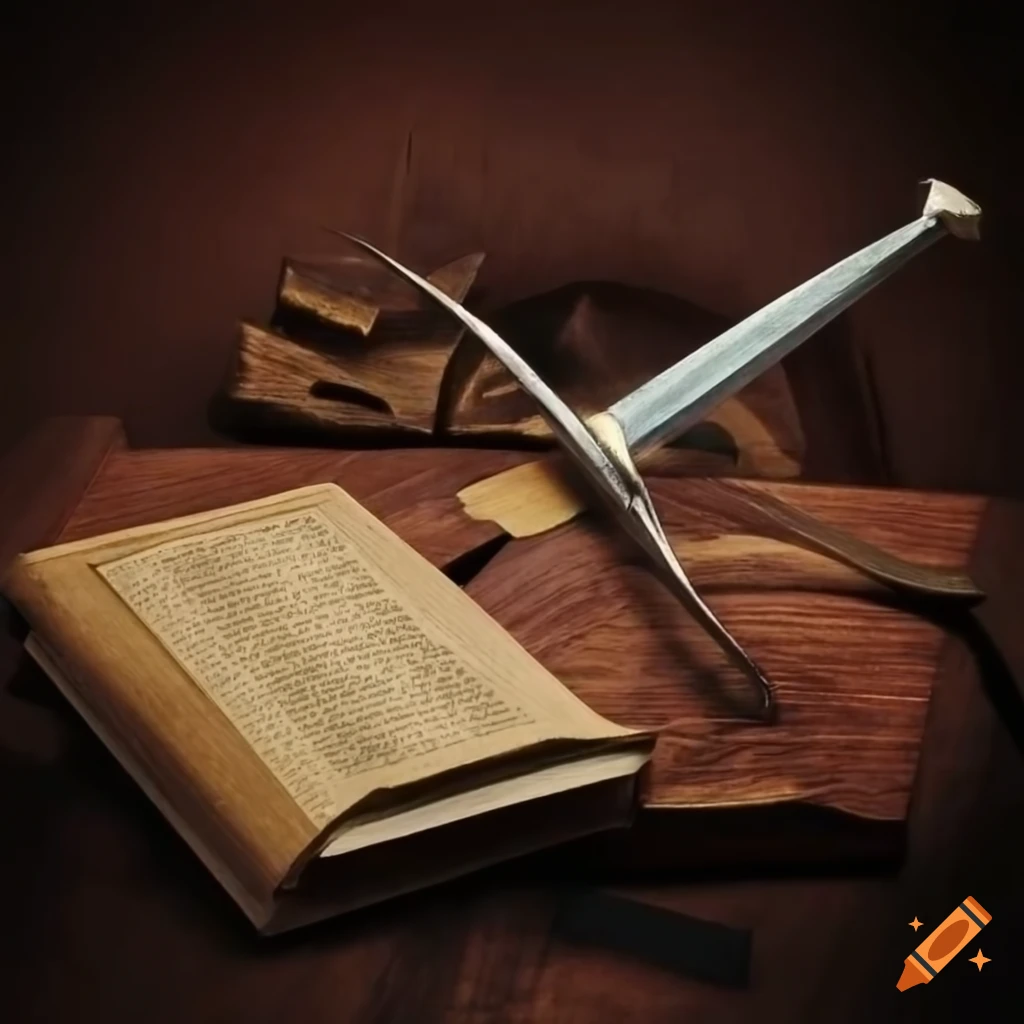 Medieval sword on oak table with an open bible on Craiyon