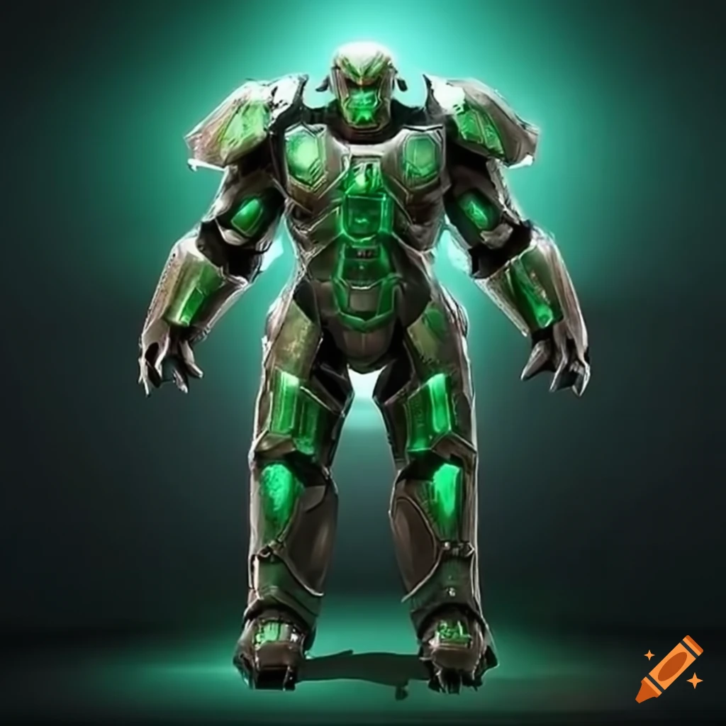 Intense and powerful full-body emerald crystal power armor on Craiyon