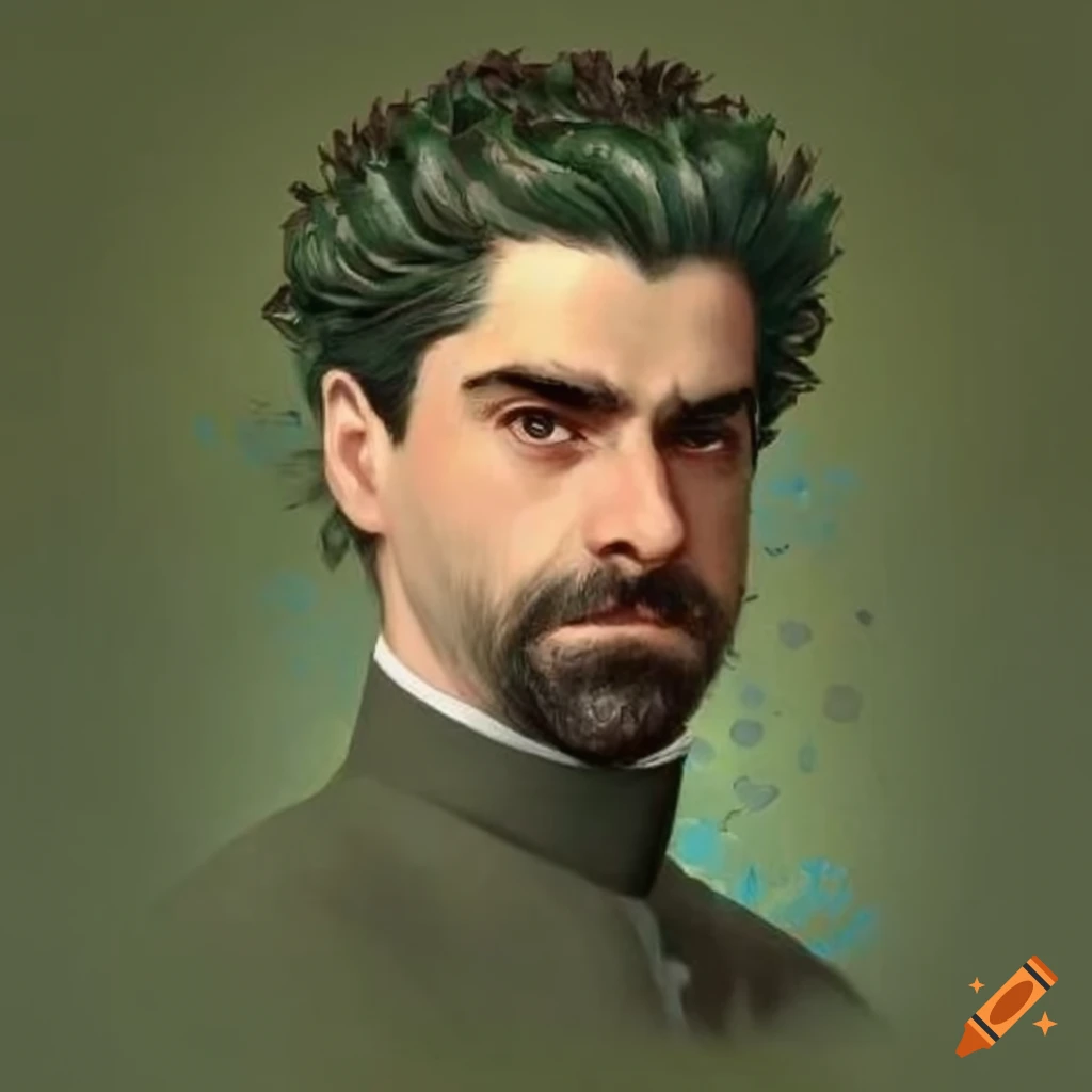 Art nouveau portrait of actor Hamish Linklater as a priest with floral ...