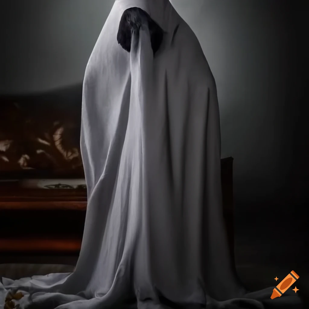 Spooky bedsheet ghost costume on a wolf for halloween on Craiyon