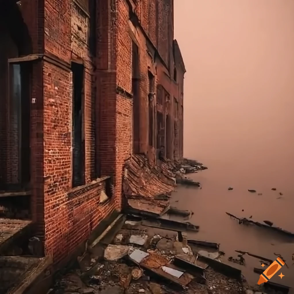 Abandoned crowded brick buildings sinking into ocean in pale orange fog ...