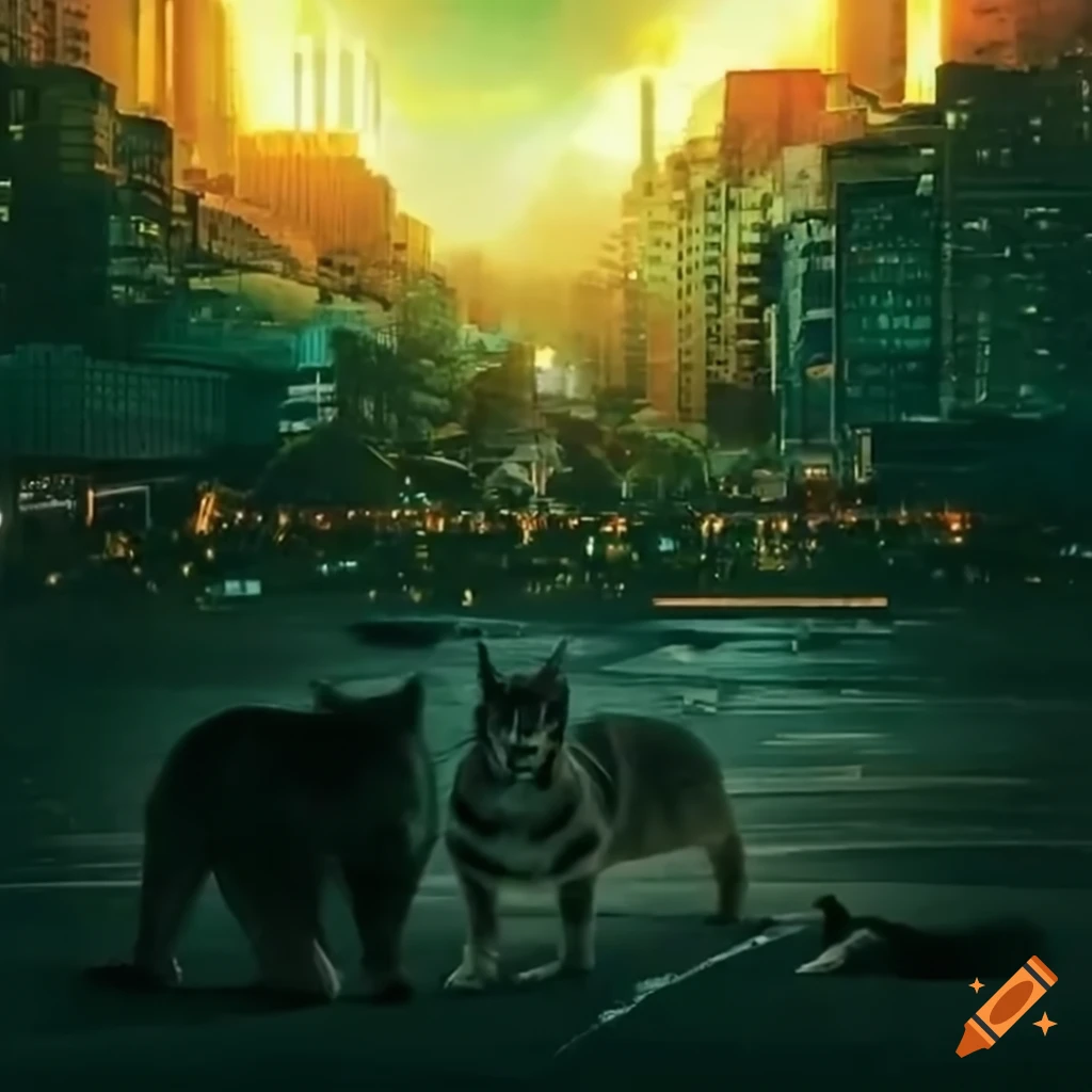 Metropolis overtaken by nature with roaming cats on Craiyon