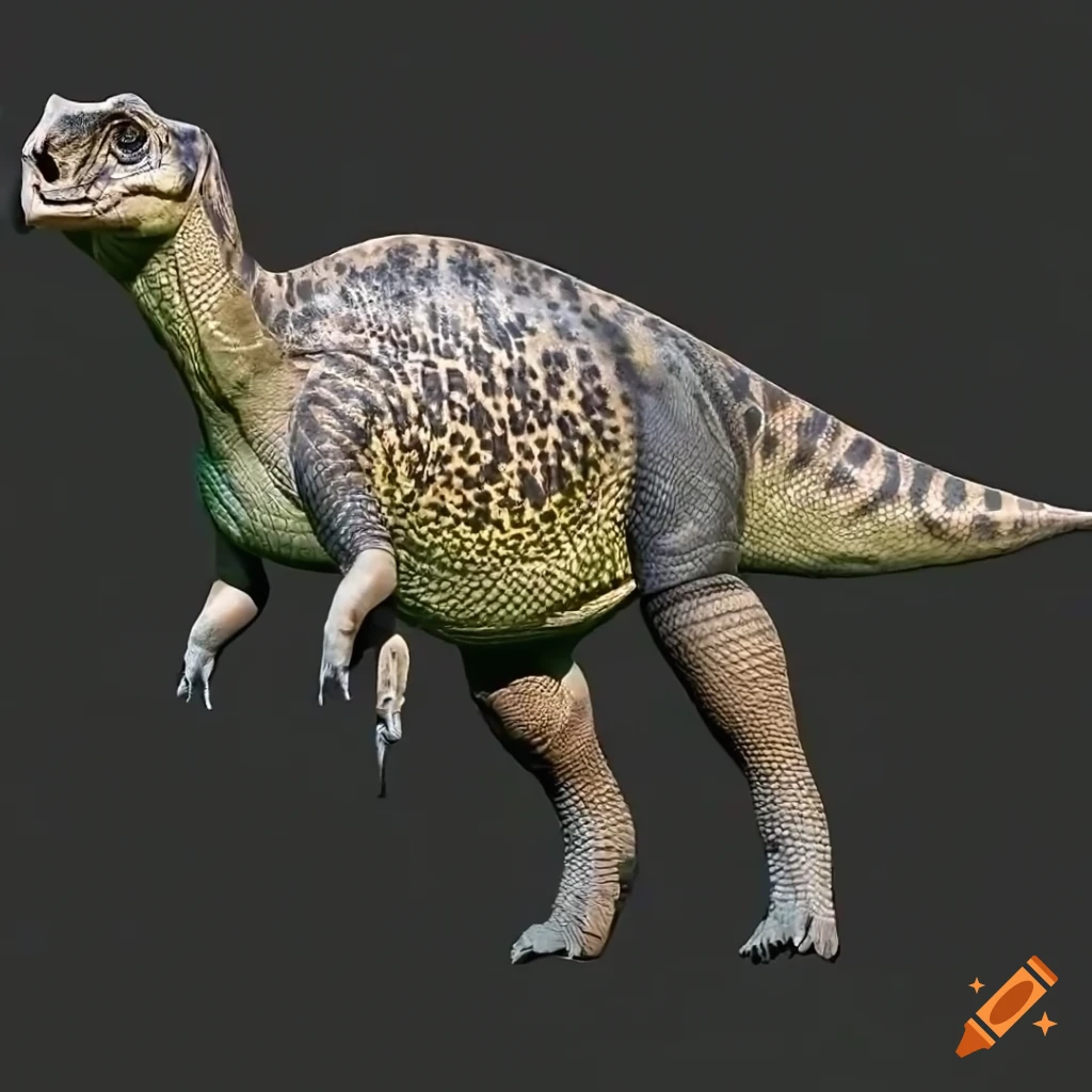 Colorful hadrosaurus dinosaur with intricate skin texture in a warm ...