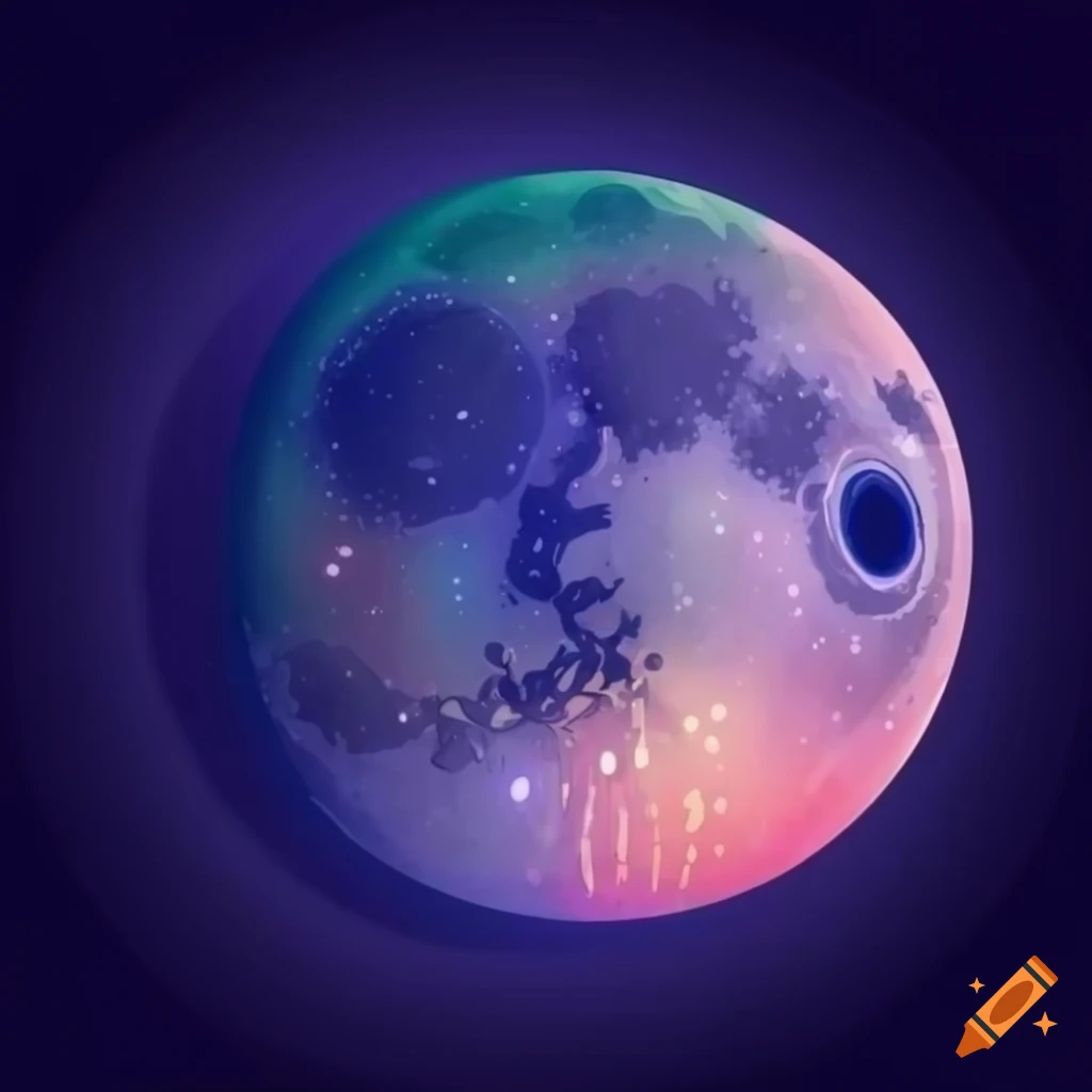 Moon with a cute creature zeta scribbling on it in an animated ...