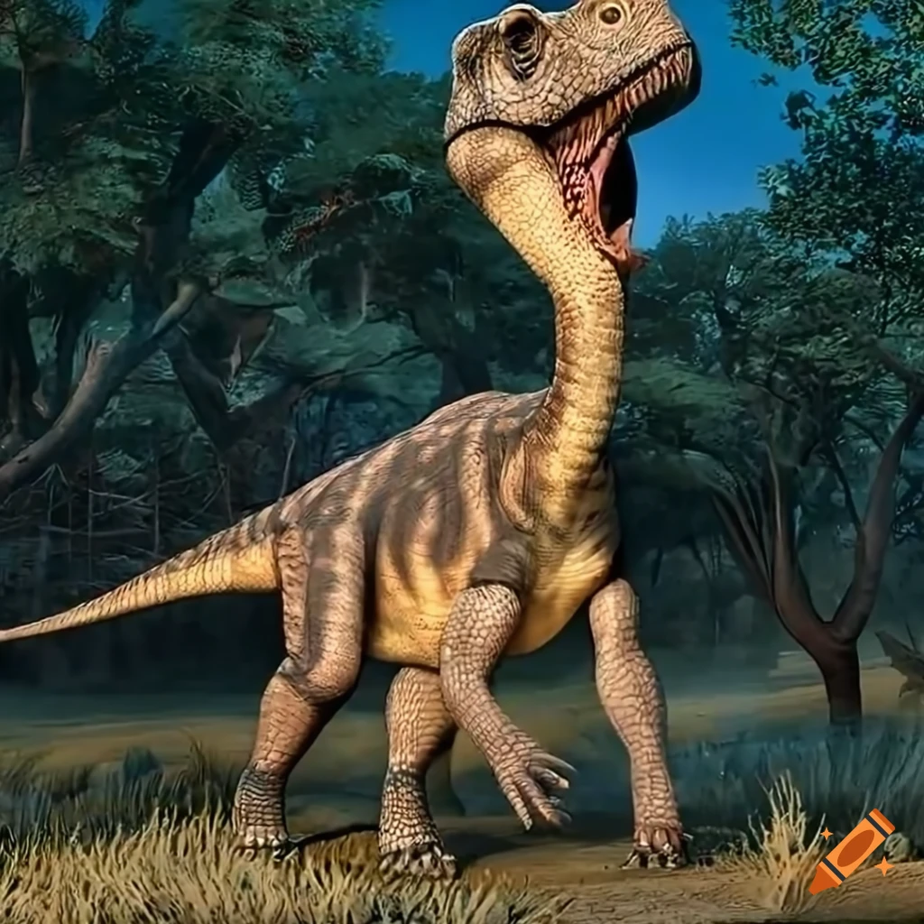 Colorful Hadrosaurus dinosaur with detailed skin texture in a warm ...