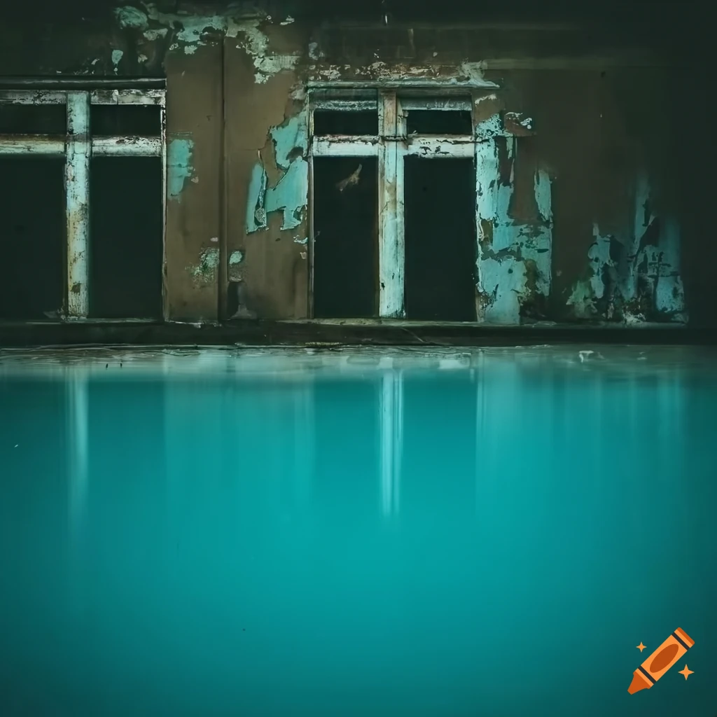 Abandoned murky swimming pool with peeling paint and industrial windows ...