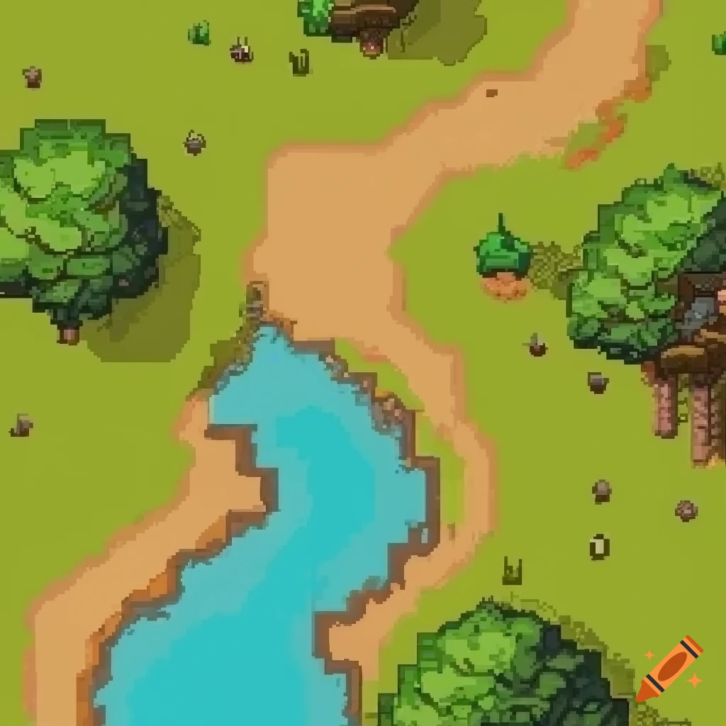 2d pixel art of a sunny day path near river in rpg maker tileset on Craiyon