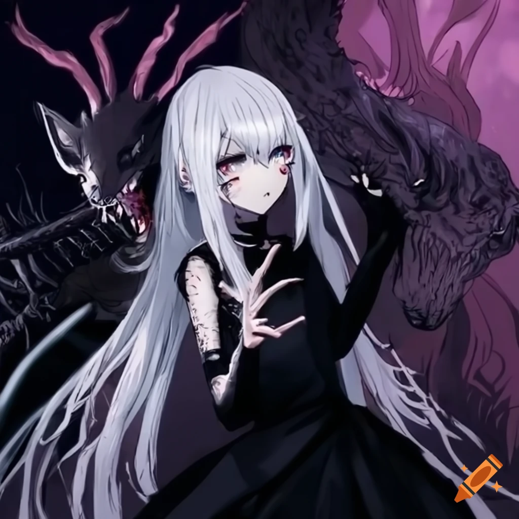 Anime goth girl with white wolf, watching a kaiju wendigo destroy japan ...