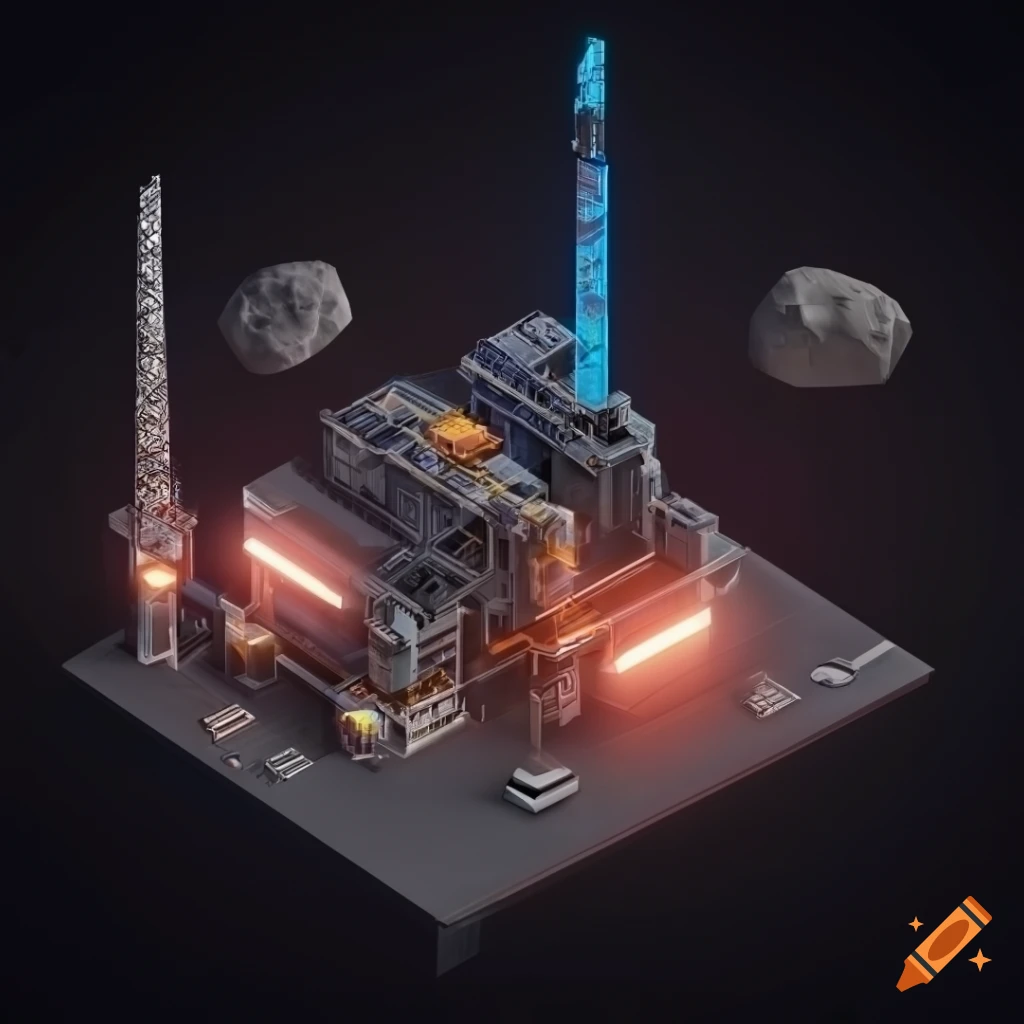 Isometric view of sci-fi asteroid ore drilling and extraction facility on Craiyon