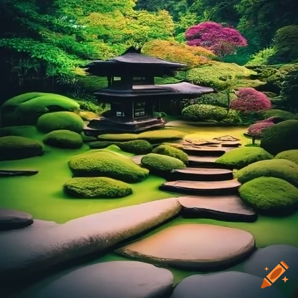 Peaceful japanese traditional garden, also known as zen garden on Craiyon