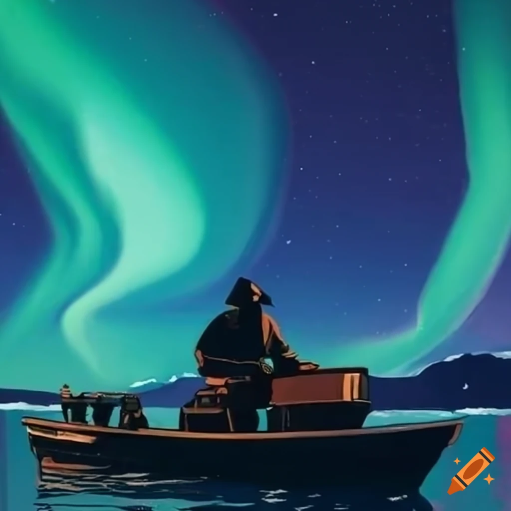 Blue cowboy ninja on a boat with antarctica aurora on Craiyon