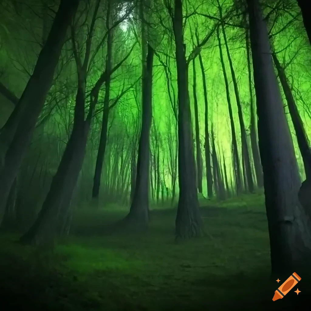 Eerie forest at night with green glow through the trees on Craiyon