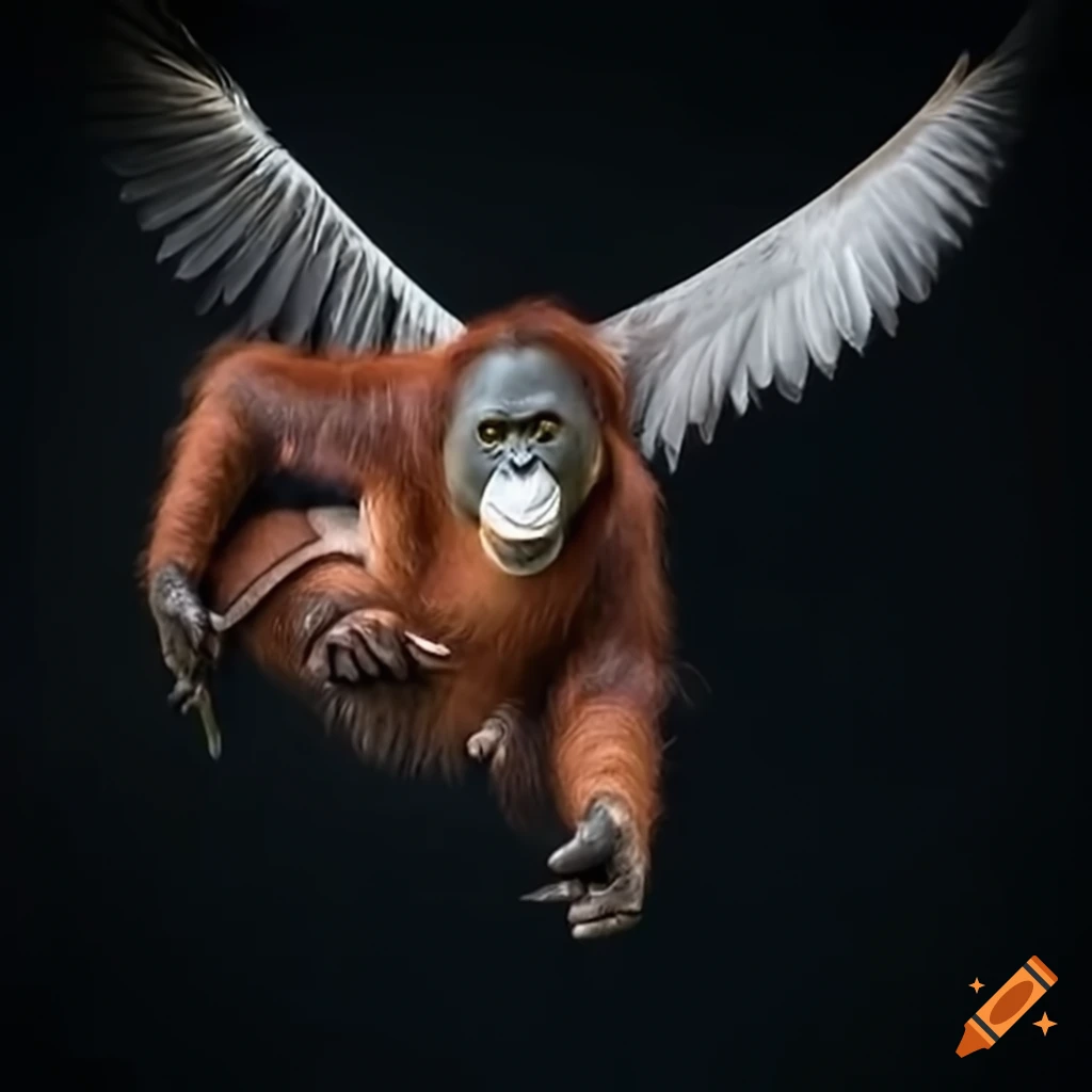 Orangutan with wings and feathers flying alongside a gorilla with a ...
