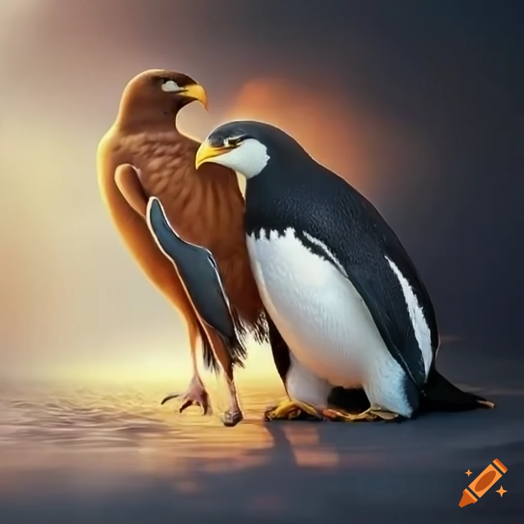 Elegant penguin and noble eagle holding hands for peace on Craiyon
