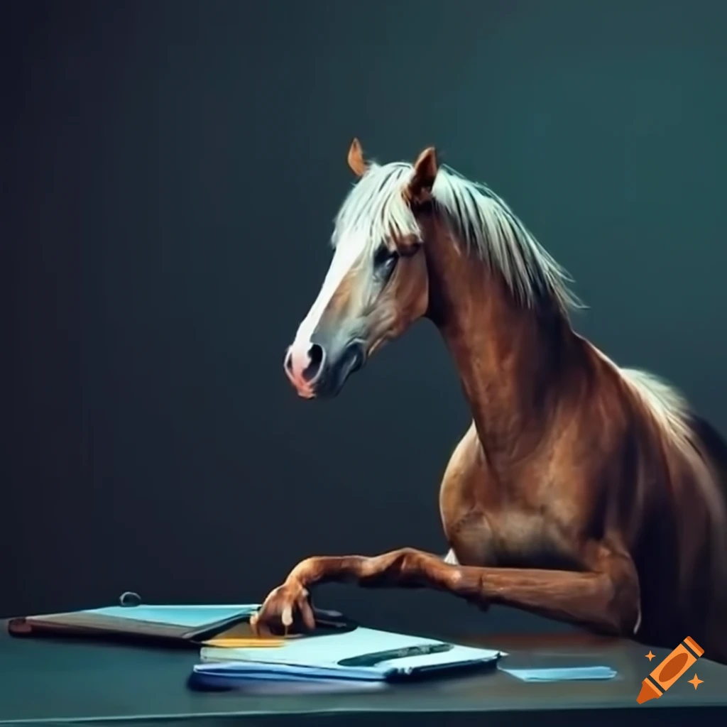 Horse sitting at a desk in an office on Craiyon
