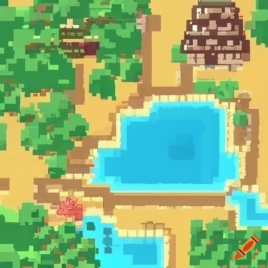 Pixel art of a sunny beach in a 2d tileset on Craiyon