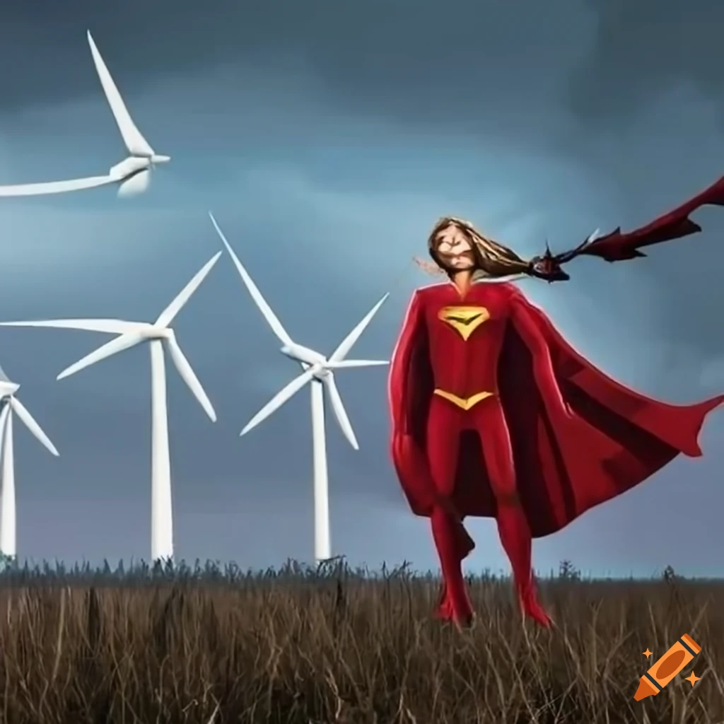 Superhero in a windy storm with windmills in the background on Craiyon